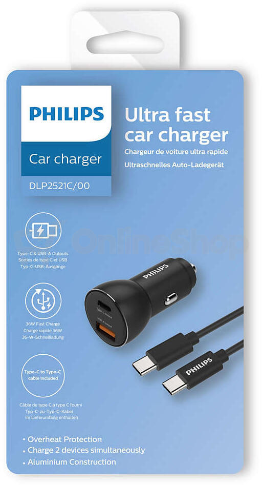 Nabíječka do auta Philips 2521C/00 + 1m kabel USBC na USBC, černý ...
