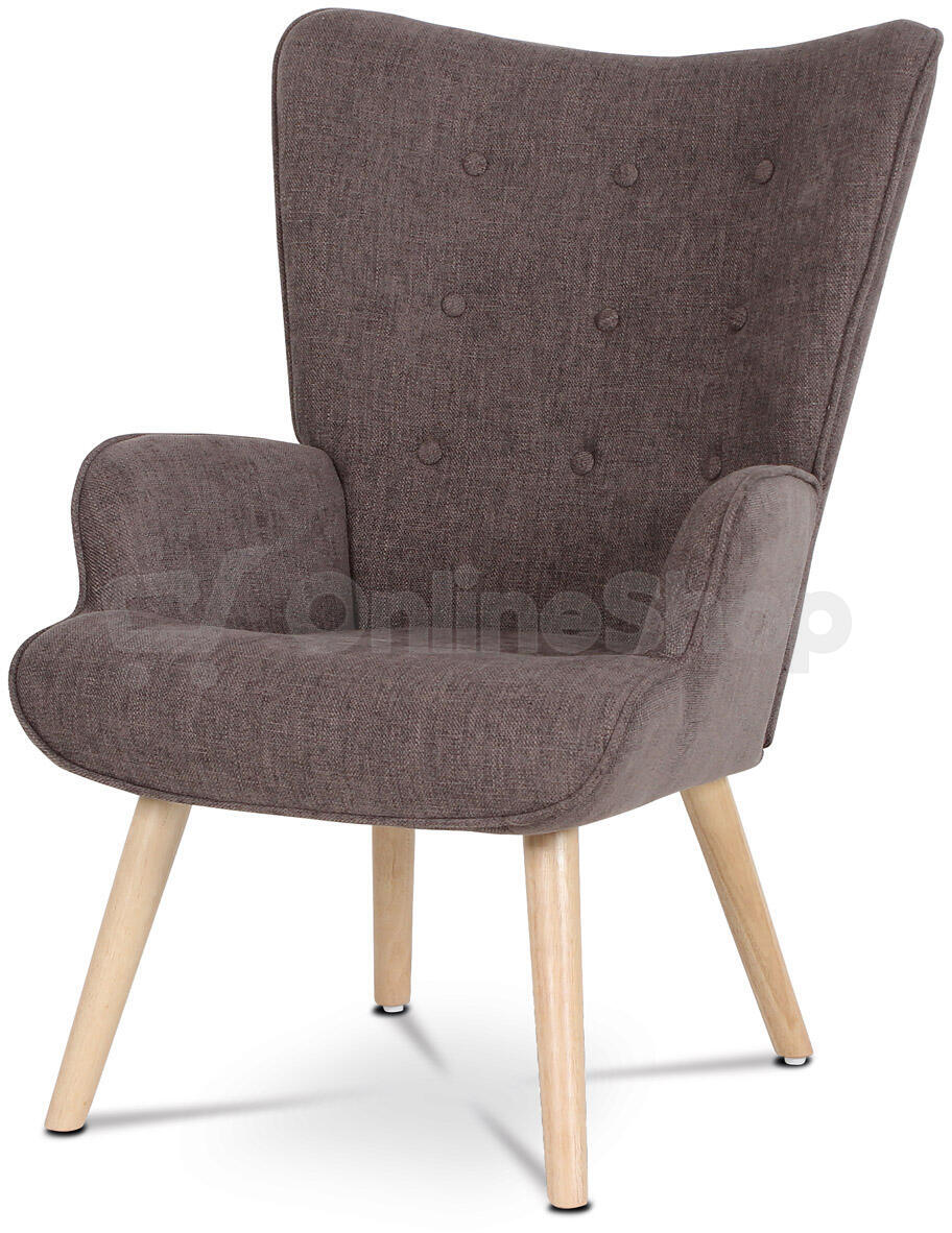 Křeslo "ušák" s podnožkou, potah hnědá látka, dřevěné nohy, masiv ...