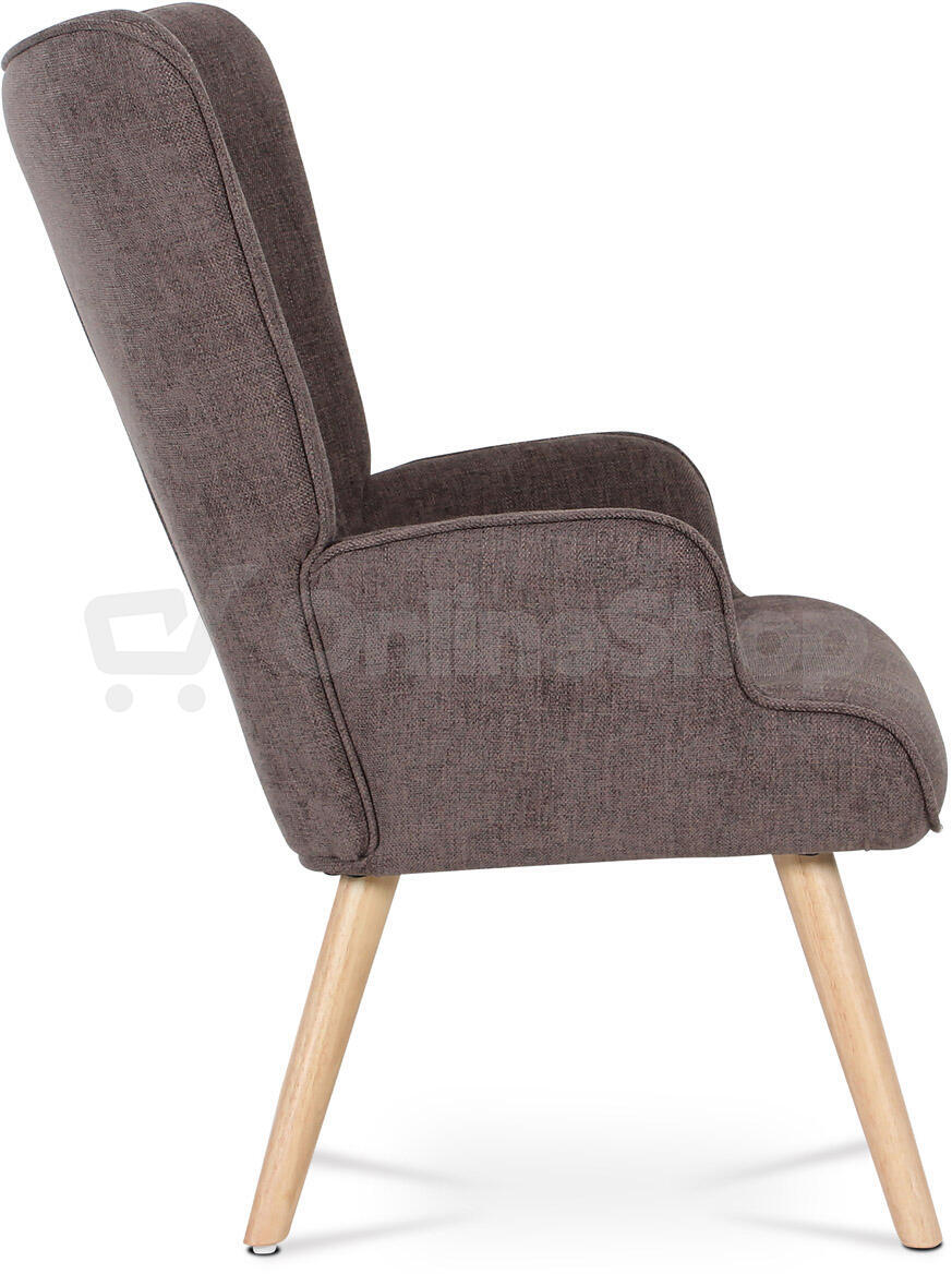 Křeslo "ušák" s podnožkou, potah hnědá látka, dřevěné nohy, masiv ...