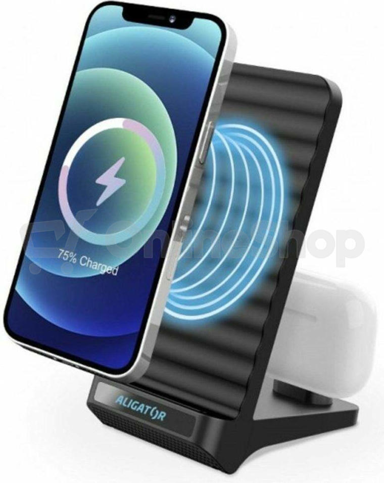 Aligator Bezdrátový Qi stojánek s USB-C konektorem, 15W, černý ...