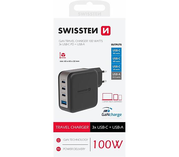 SWISSTEN SÍŤOVÝ ADAPTÉR GaN 3x USB-C 100W PD + 1x USB-A 18W QC ČERNÝ ...